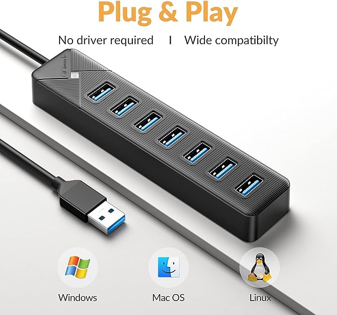 GiGimundo USB Hub, 7-Port USB 3.0 Hub 0.5ft Short Cord with Extra USB-